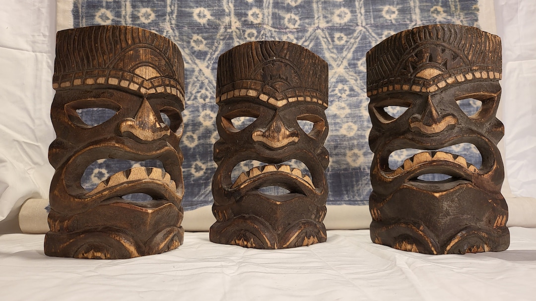 Collection of Three Vintage Hand Carved Wall Hanging Tiki Masks ...