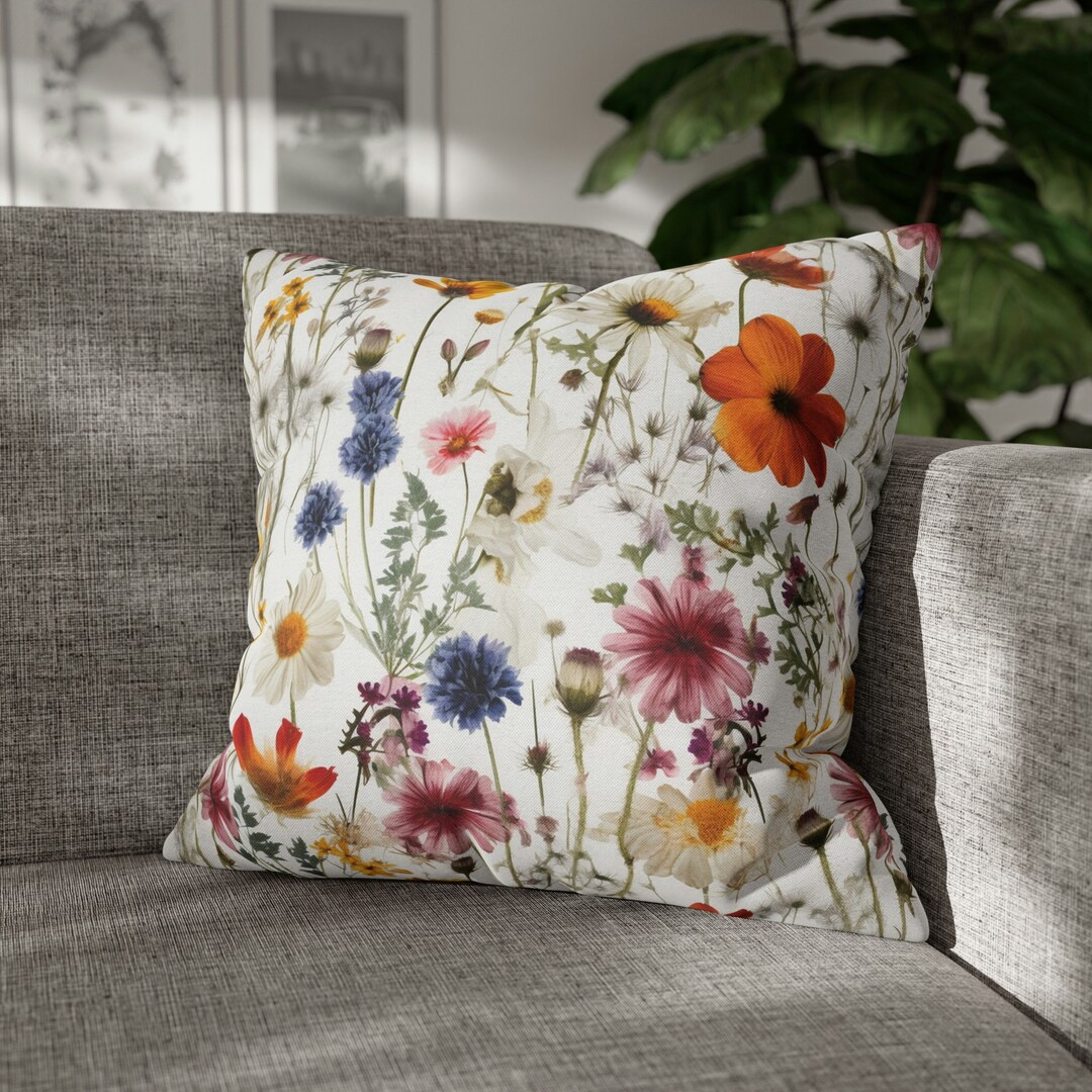 Colorful Pressed Flower Square Pillow, Floral Pillow, Wild Flower ...