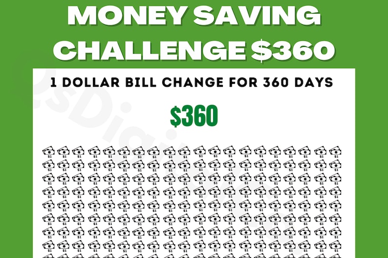 1 Dollar Bill Challenge Printable, Save 360 Dollars in 360 Days, Money ...