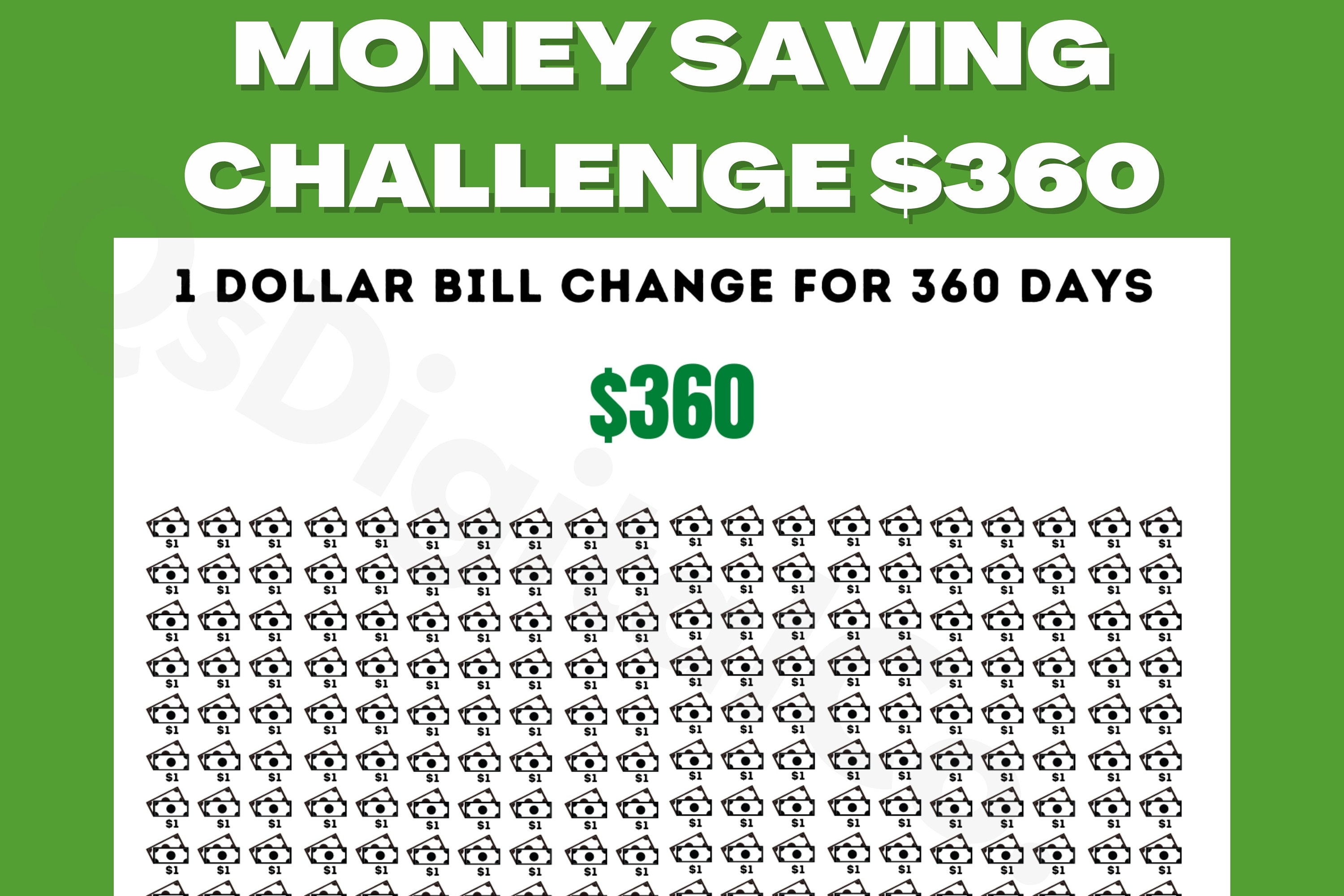 1 Dollar Bill Challenge Printable, Save 360 Dollars in 360 Days, Money ...