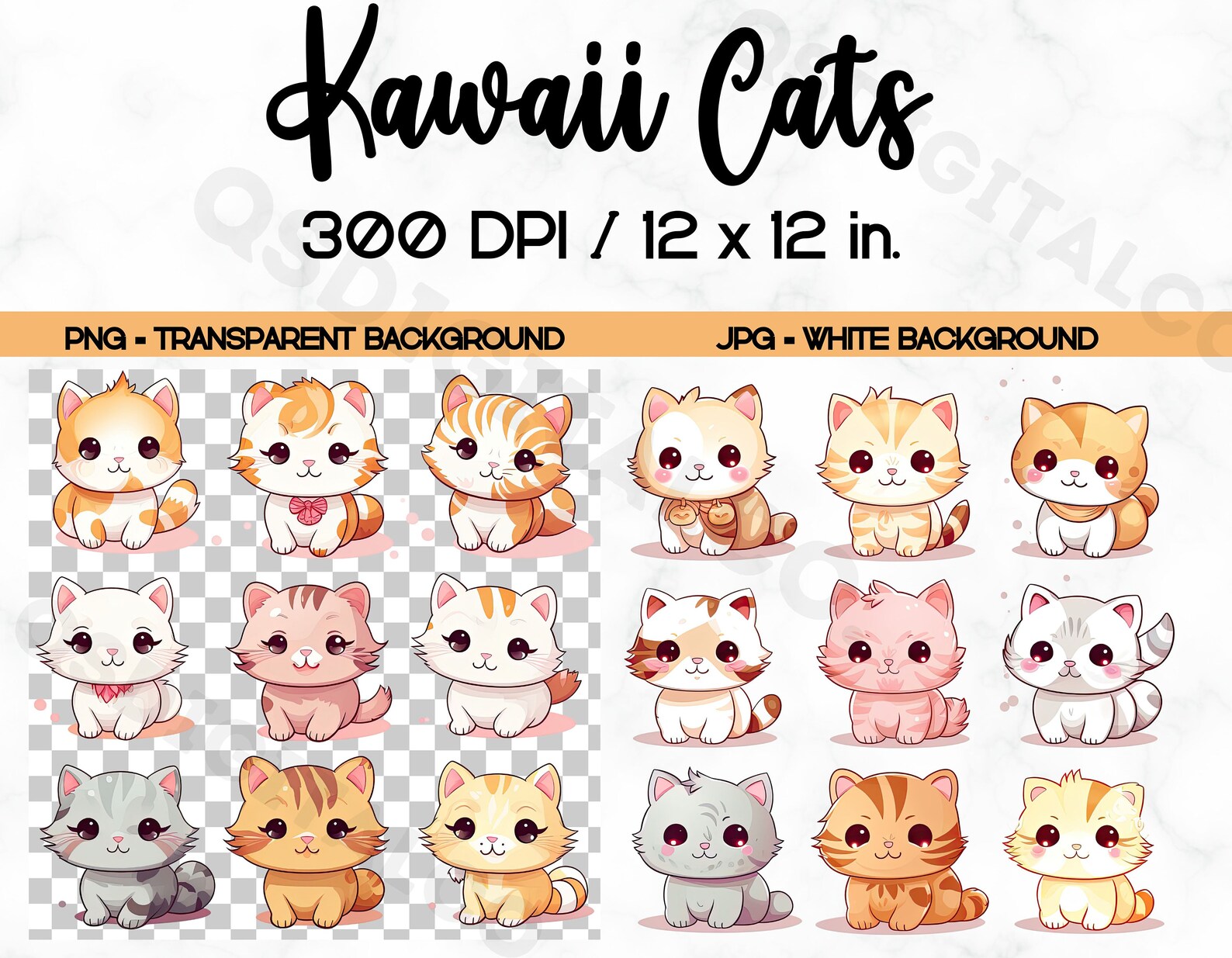 Kawaii Cats Clipart Bundle, 34 PNG JPG Cute Cats Clipart, Transparent ...
