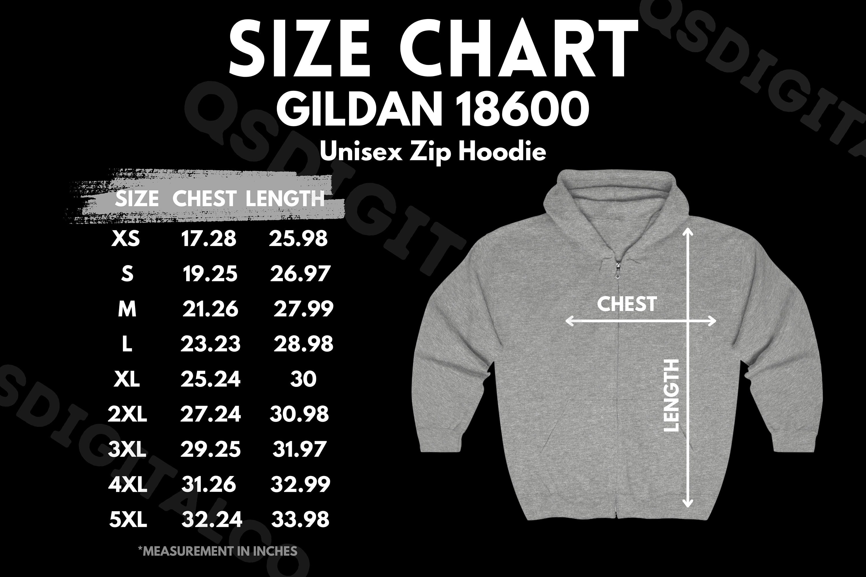 Gildan 18600 Size Chart | Unisex Zip Hoodie Size Guide | Gildan 18600 ...