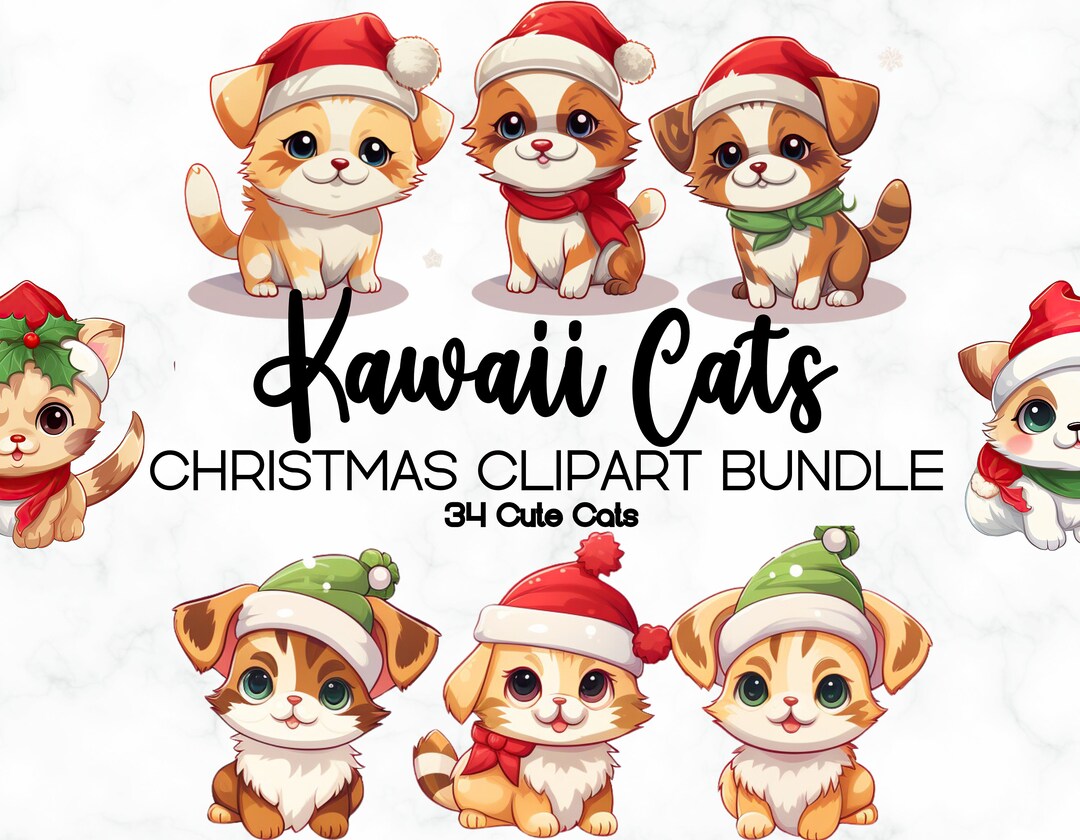 Christmas Kawaii Cats Clipart Bundle, 34 PNG JPG Cute Xmas Cats Clipart ...