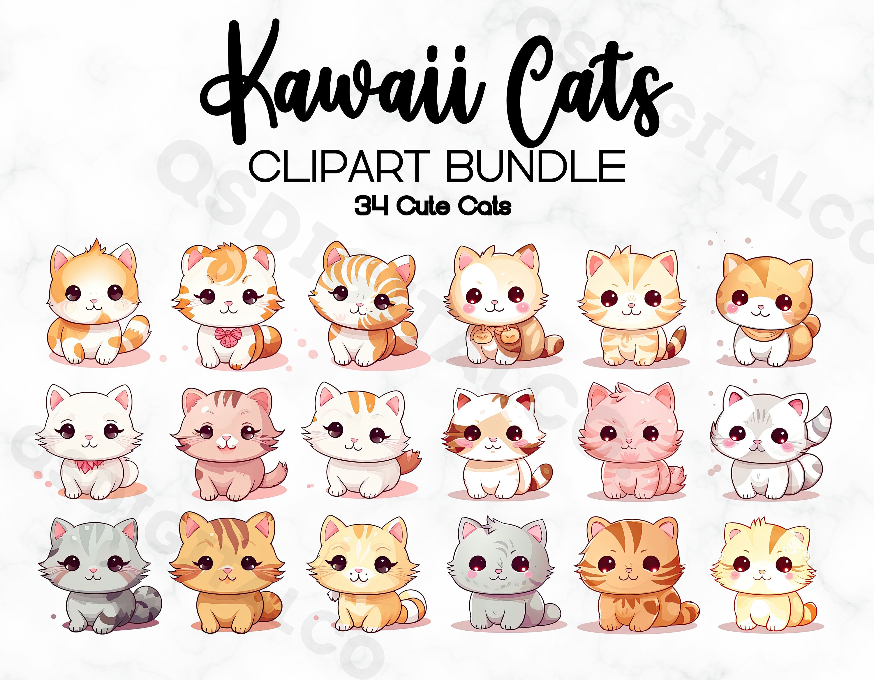 Kawaii Cats Clipart Bundle, 34 PNG JPG Cute Cats Clipart, Transparent ...