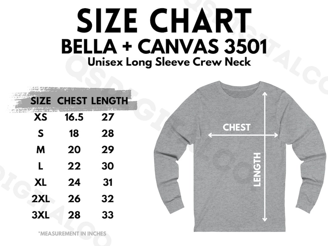 Bella Canvas 3501 Size Chart | Unisex Long Sleeve Size Guide | Bella ...