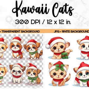 Christmas Kawaii Cats Clipart Bundle, 34 PNG JPG Cute Xmas Cats Clipart ...