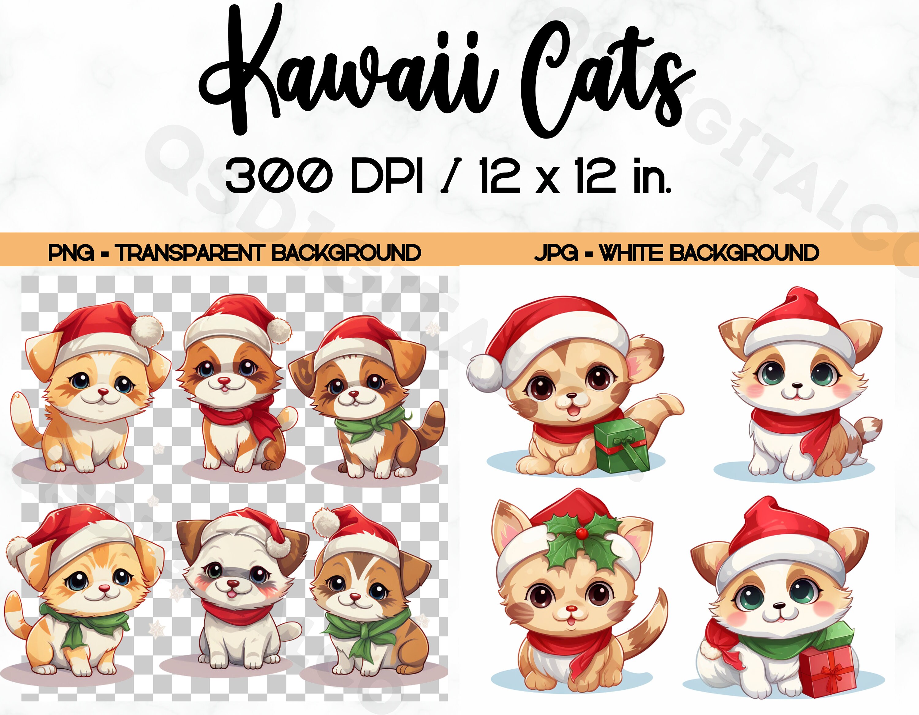 Christmas Kawaii Cats Clipart Bundle, 34 PNG JPG Cute Xmas Cats Clipart ...