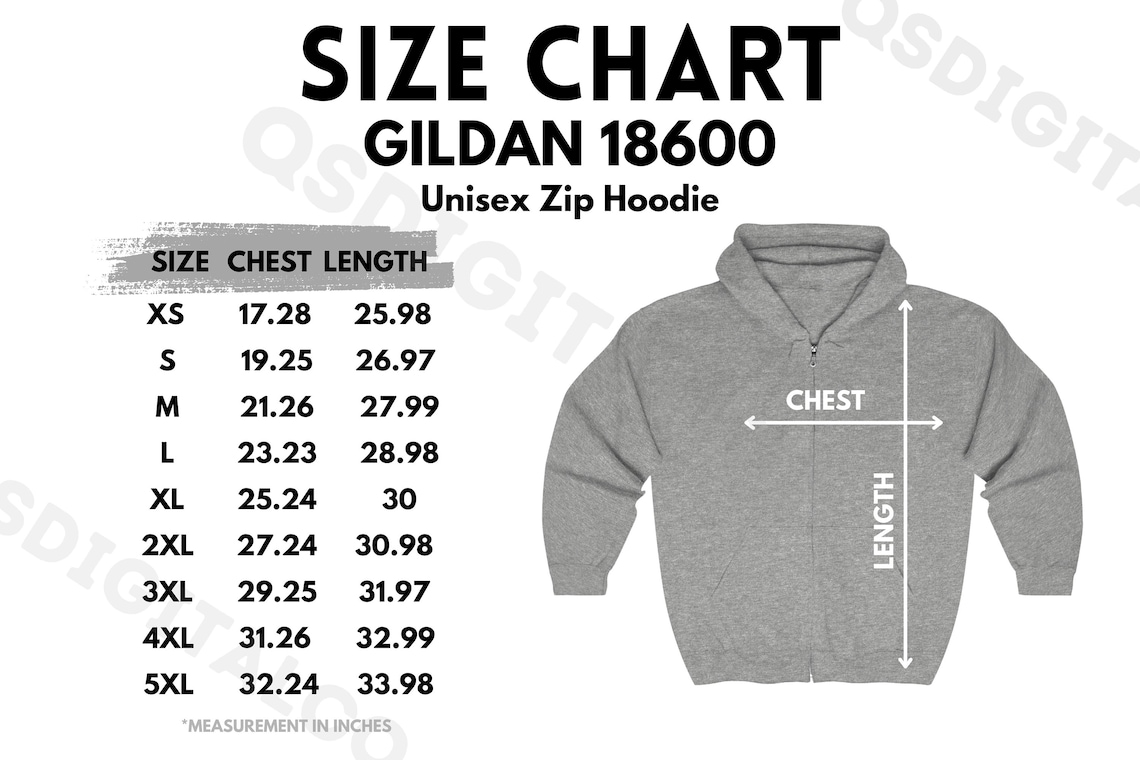 Gildan 18600 Size Chart | Unisex Zip Hoodie Size Guide | Gildan 18600 ...