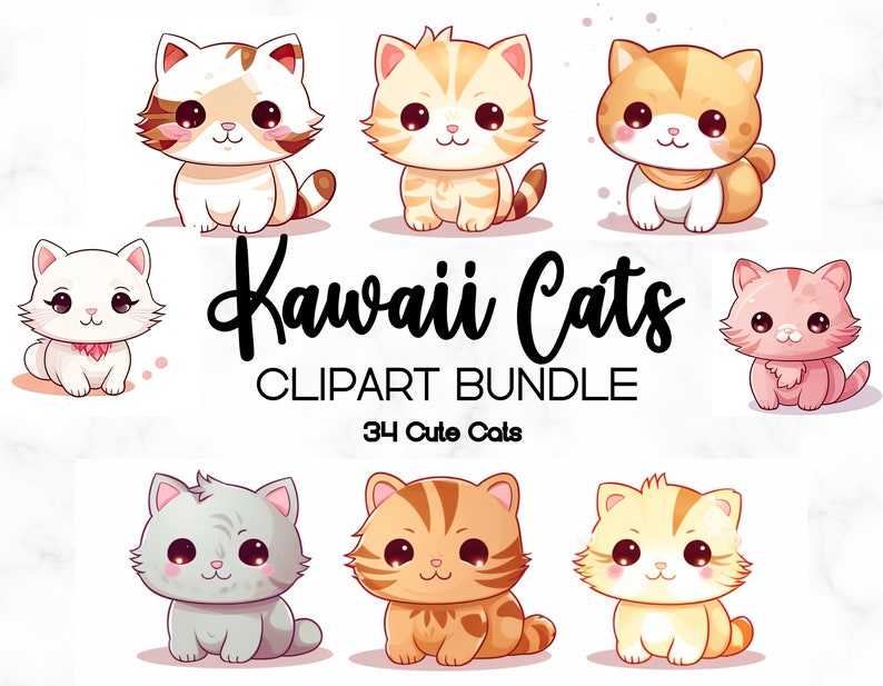 Kawaii Cats Clipart Bundle, 34 PNG JPG Cute Cats Clipart, Transparent ...