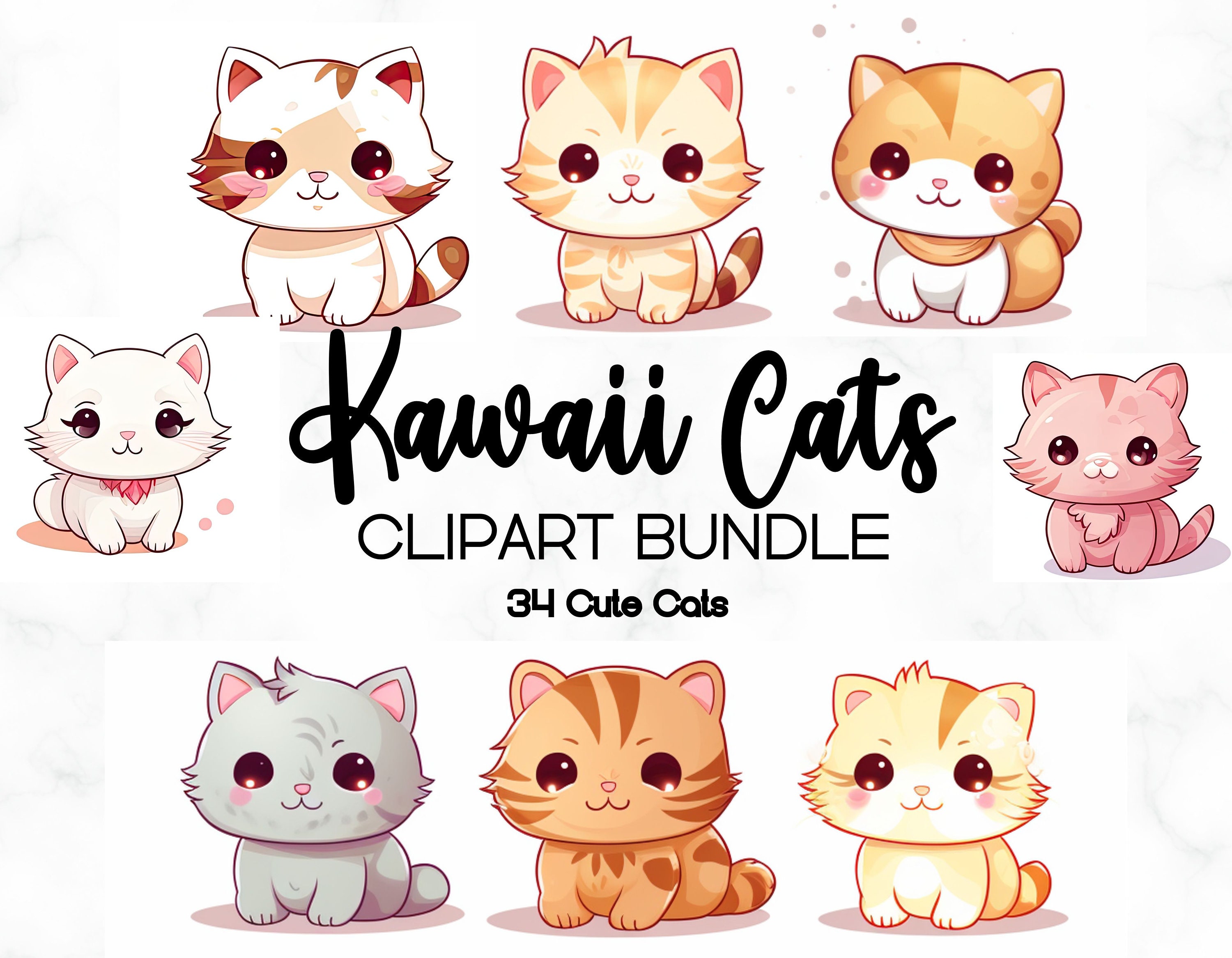 Kawaii Cats Clipart Bundle, 34 PNG JPG Cute Cats Clipart, Transparent ...