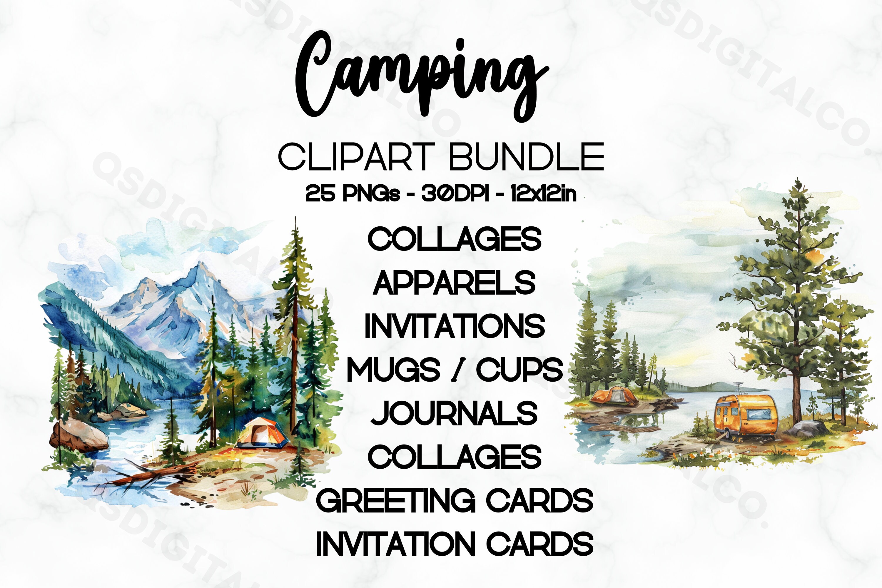 Watercolor Camping Clipart, 25 PNG Graphics, Campsite Illustrations ...