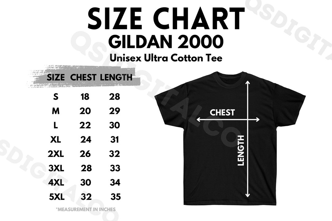 Gildan 2000 Size Chart | Unisex T-shirt Size Guide | Gildan 2000 Mock ...