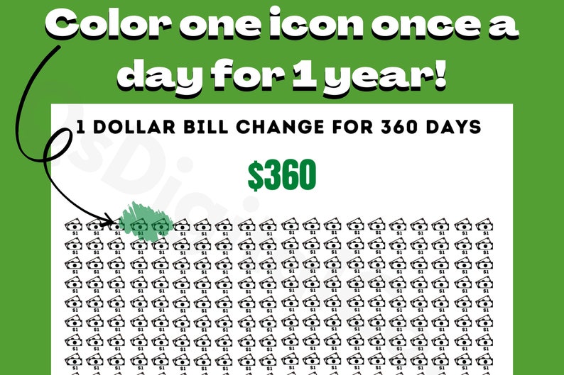 1 Dollar Bill Challenge Printable, Save 360 Dollars in 360 Days, Money ...