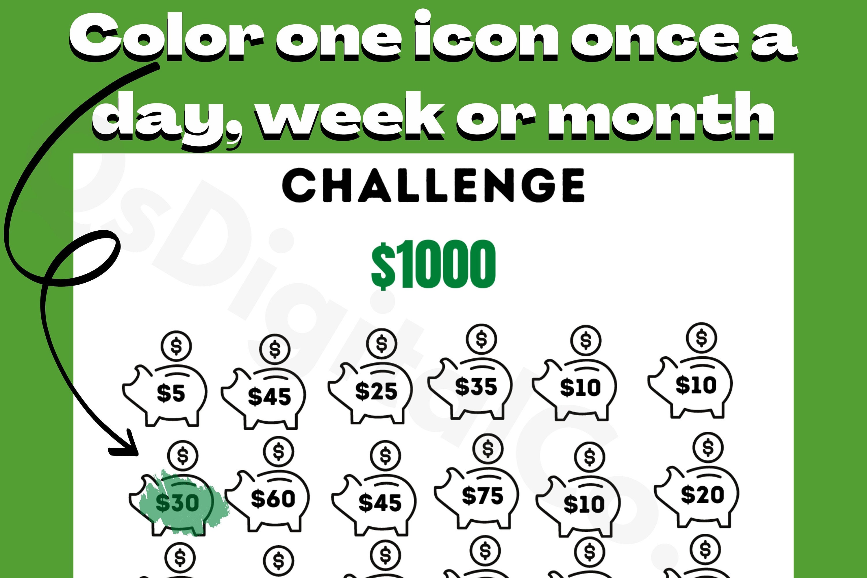 1K Saving Challenge Printable, Save 1000 Dollars, Money Savings ...