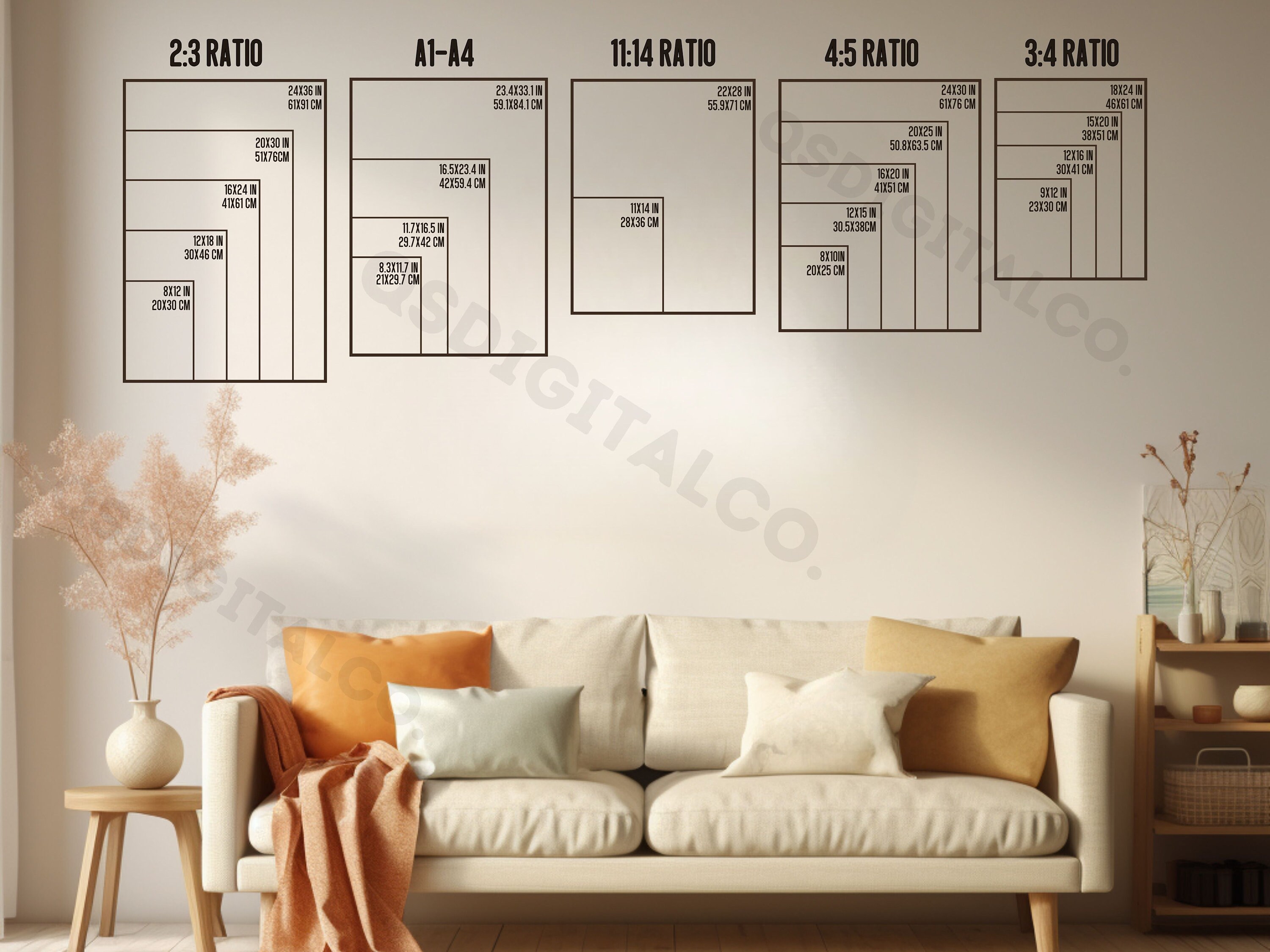 Wall Art Size Guide, Print Size Guide, Wall Art Ratio Guide, Frame Size ...
