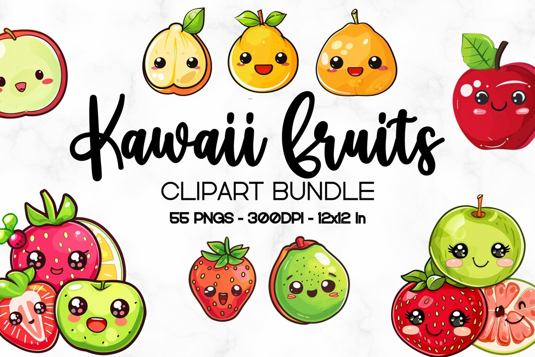 Kawaii Fruits Clipart Bundle, PNG JPG Cute Fruits Clipart, Transparent ...