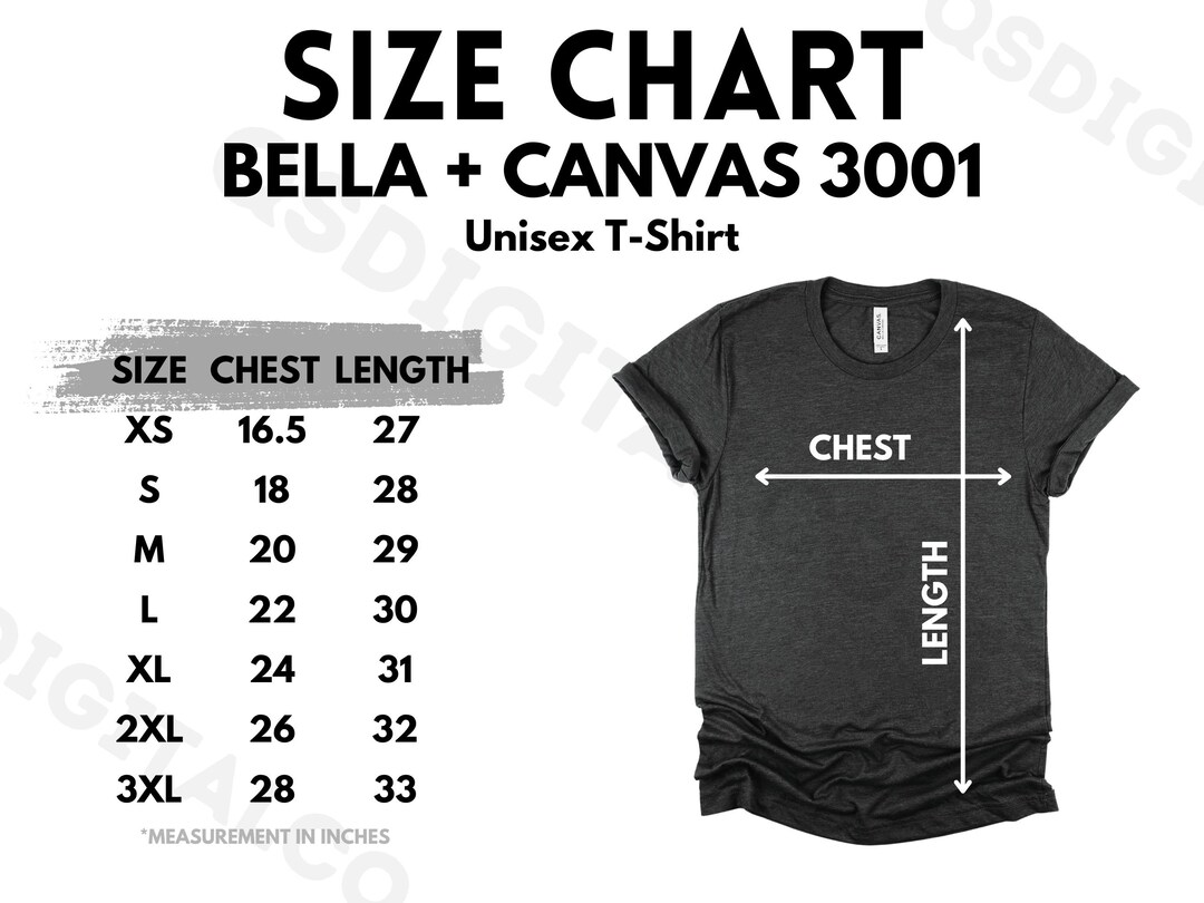 Bella Canvas 3001 Size Chart Unisex Jersey Shirt Size Guide Bella