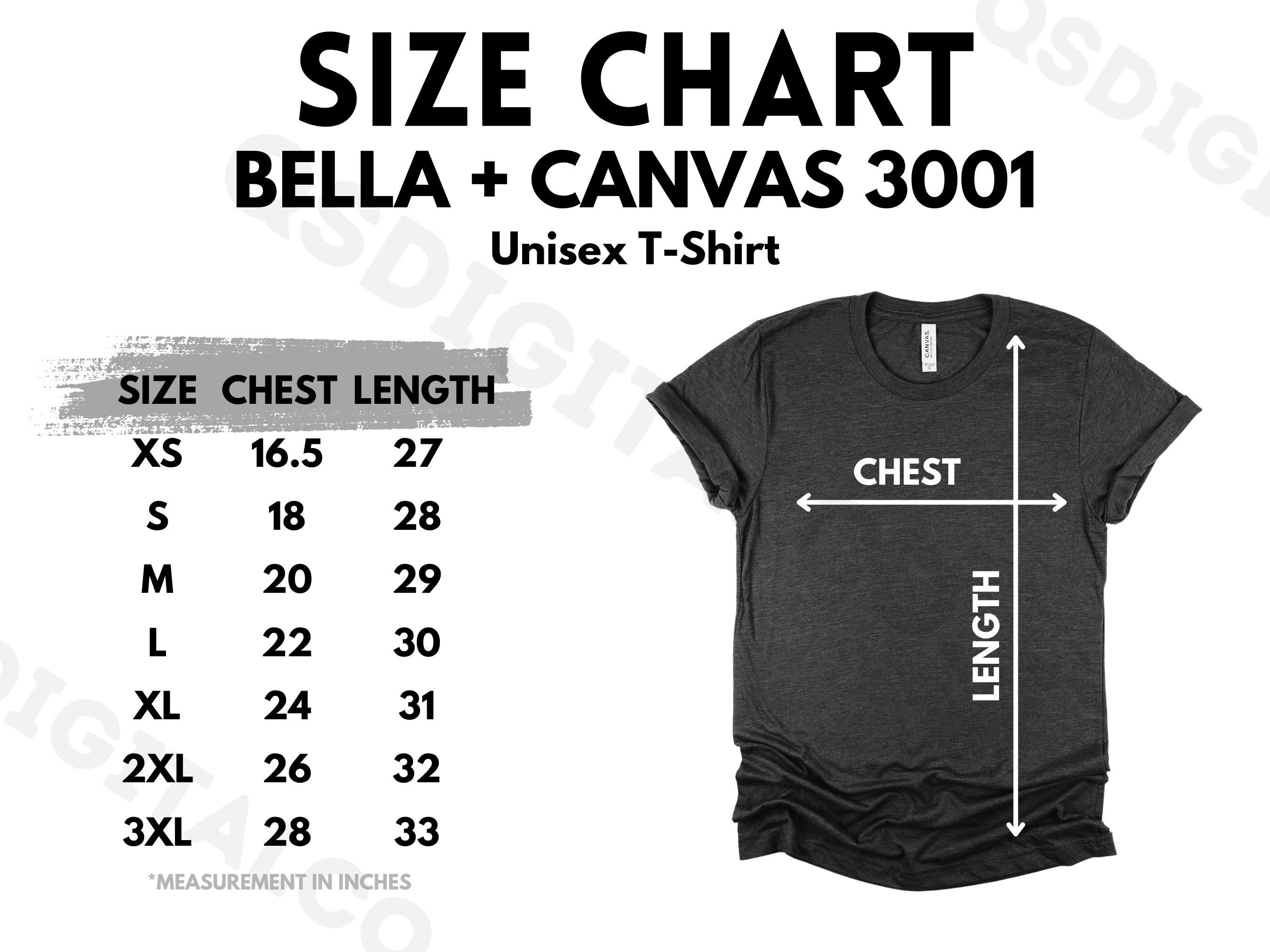 Bella Canvas 3001 Size Chart Unisex Jersey Shirt Size Guide Bella