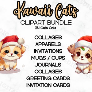 Christmas Kawaii Cats Clipart Bundle, 34 PNG JPG Cute Xmas Cats Clipart ...