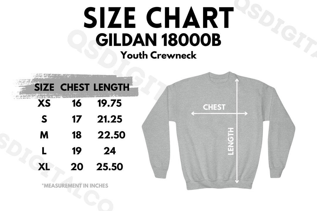 Gildan 18000B Size Chart | Youth Crewneck Size Guide | Gildan 18000B ...