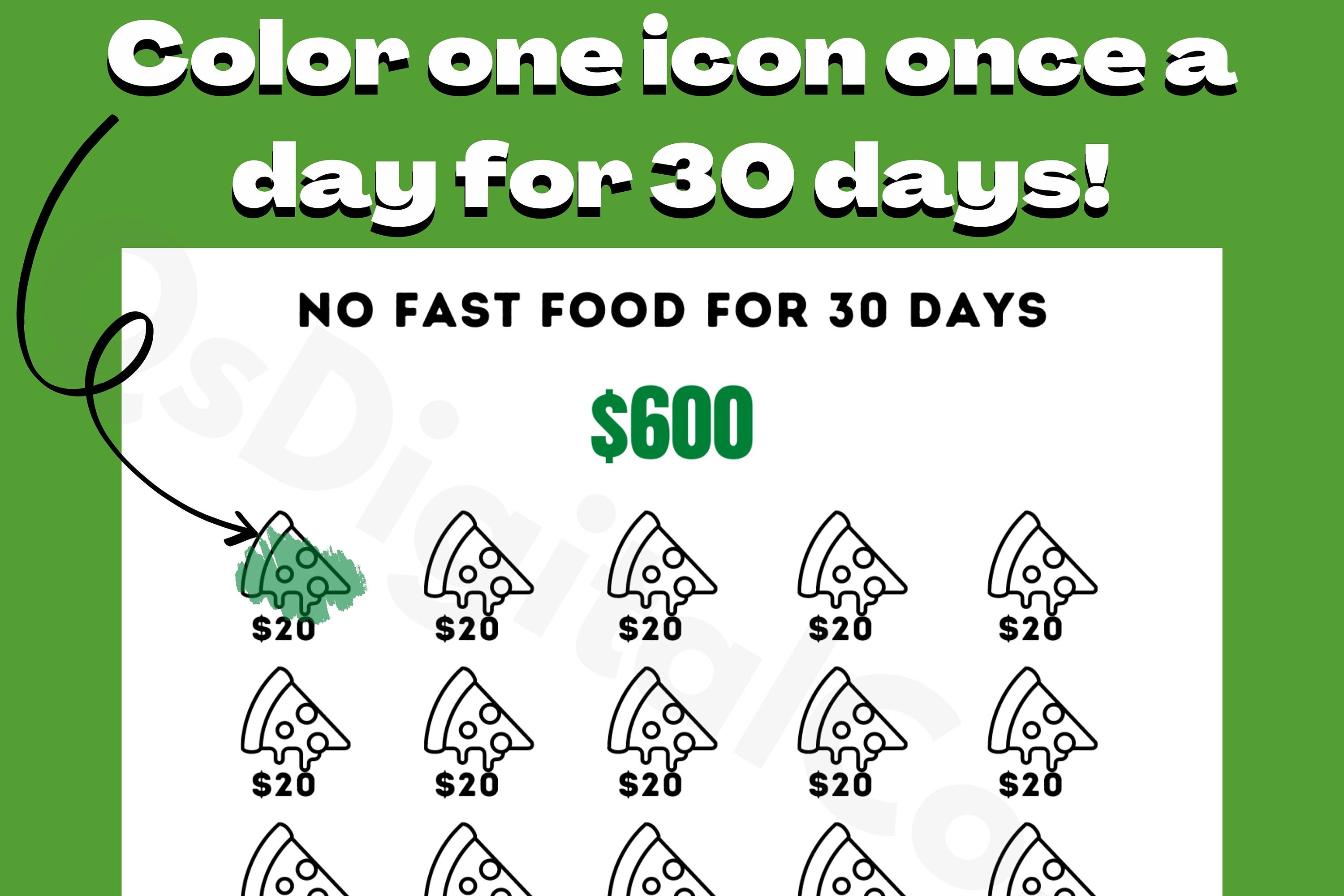 No Fast Food Challenge Printable, Save 600 Dollars in 30 Days, Money ...