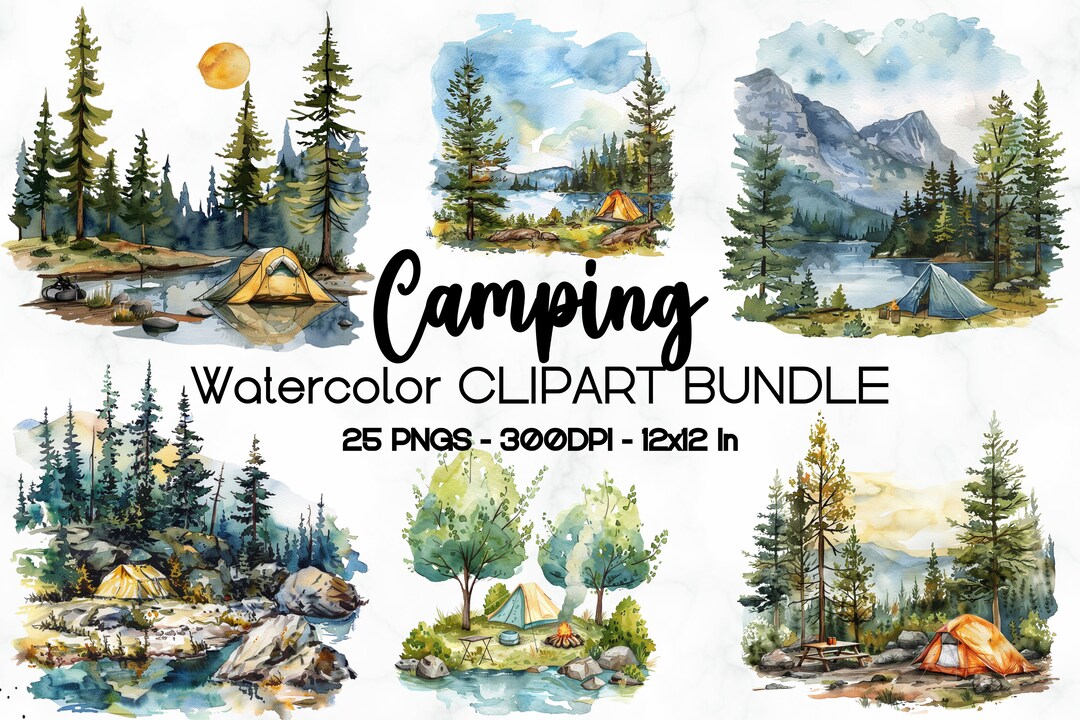 Watercolor Camping Clipart, 25 PNG Graphics, Campsite Illustrations ...