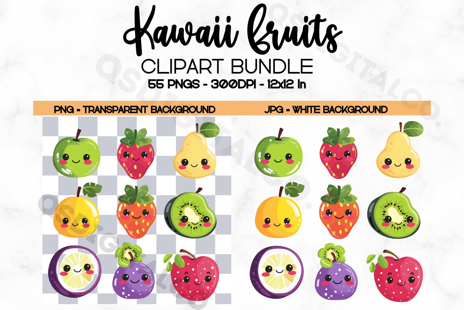 Kawaii Fruits Clipart Bundle, PNG JPG Cute Fruits Clipart, Transparent ...