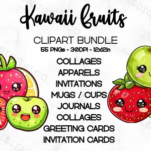 Kawaii Fruits Clipart Bundle, PNG JPG Cute Fruits Clipart, Transparent ...