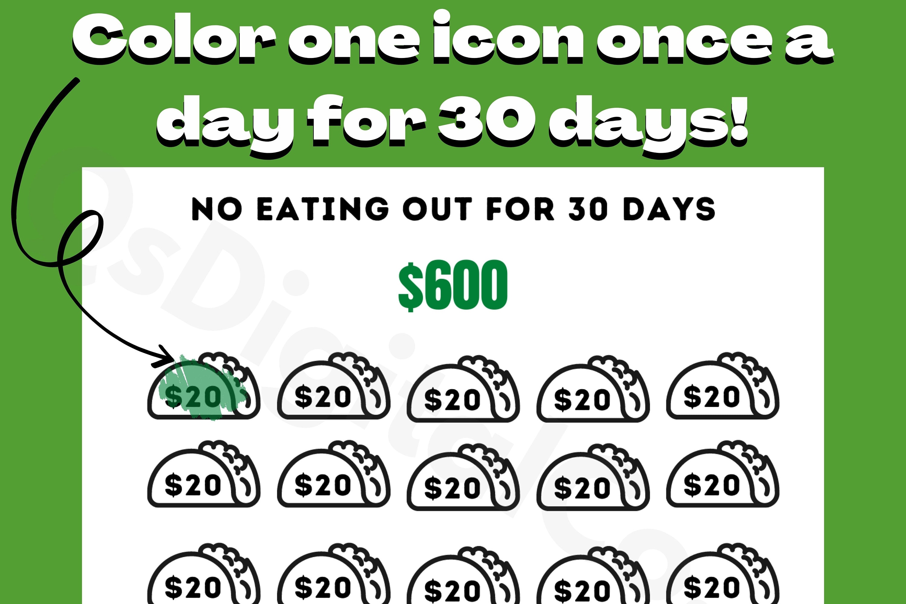 No Eating Out Challenge Printable, Save 600 Dollars in 30 Days, Money ...
