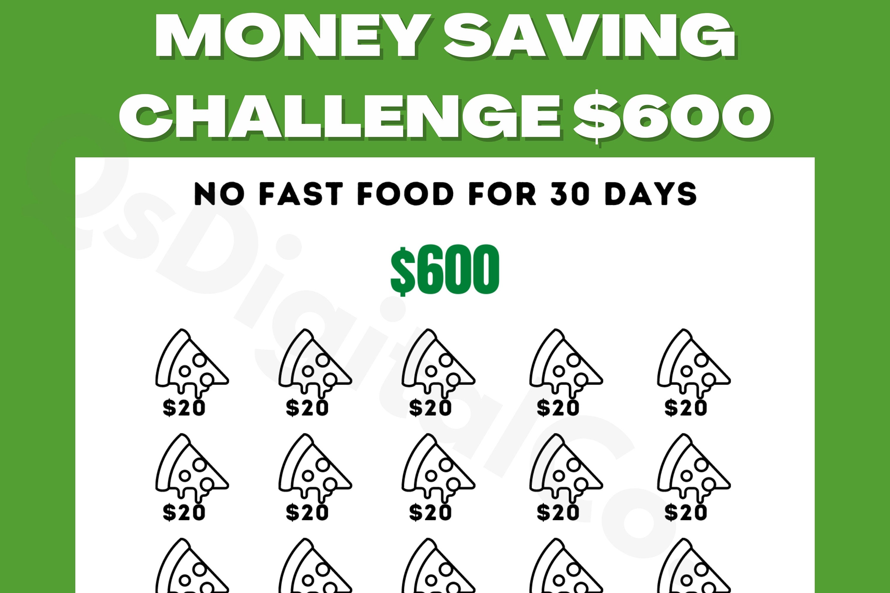 No Fast Food Challenge Printable, Save 600 Dollars in 30 Days, Money ...