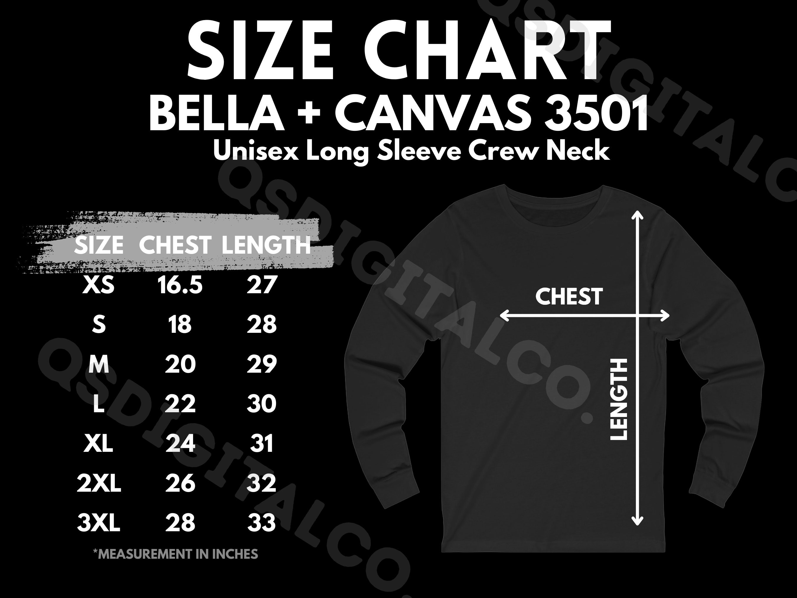 Bella Canvas 3501 Size Chart Unisex Long Sleeve Size Guide Bella Canvas ...