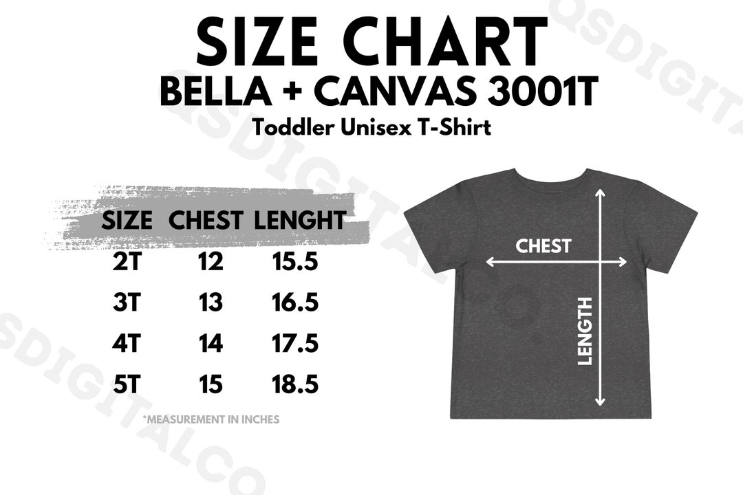 Bella Canvas 3001T Size Chart | Toddler Jersey Shirt Size Guide | Bella Canvas 3001T Mock up ...