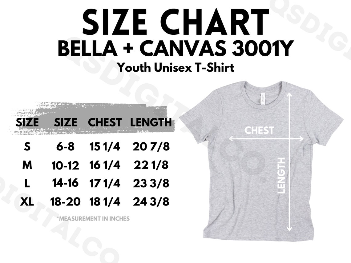 Bella Canvas 3001Y Size Chart | Youth Kids Jersey Shirt Size Guide | Bella Canvas 3001Y Mock up ...