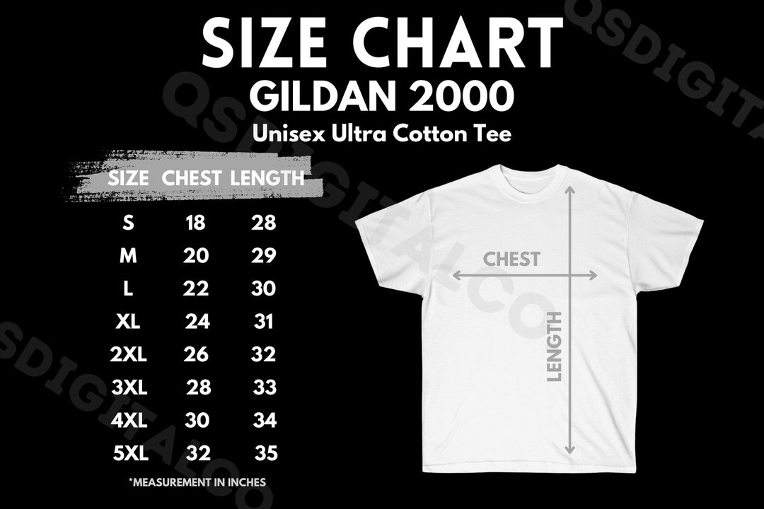 Gildan 2000 Size Chart | Unisex T-shirt Size Guide | Gildan 2000 Mock ...
