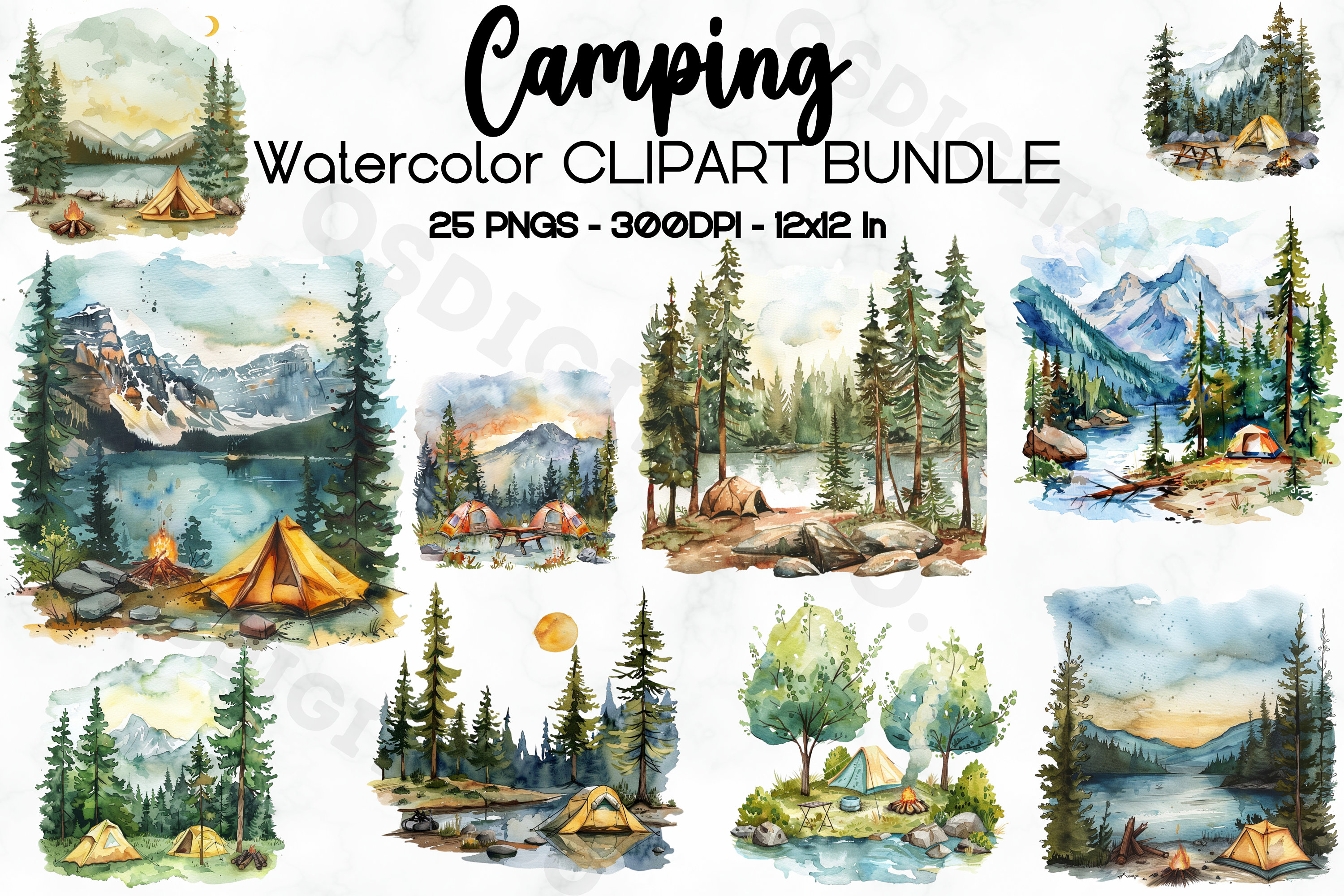 Watercolor Camping Clipart, 25 PNG Graphics, Campsite Illustrations ...