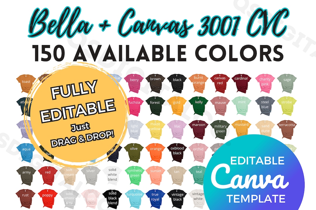 Editable Bella Canvas 3001 CVC Color Chart, BC 3001 Color Chart, Bella ...