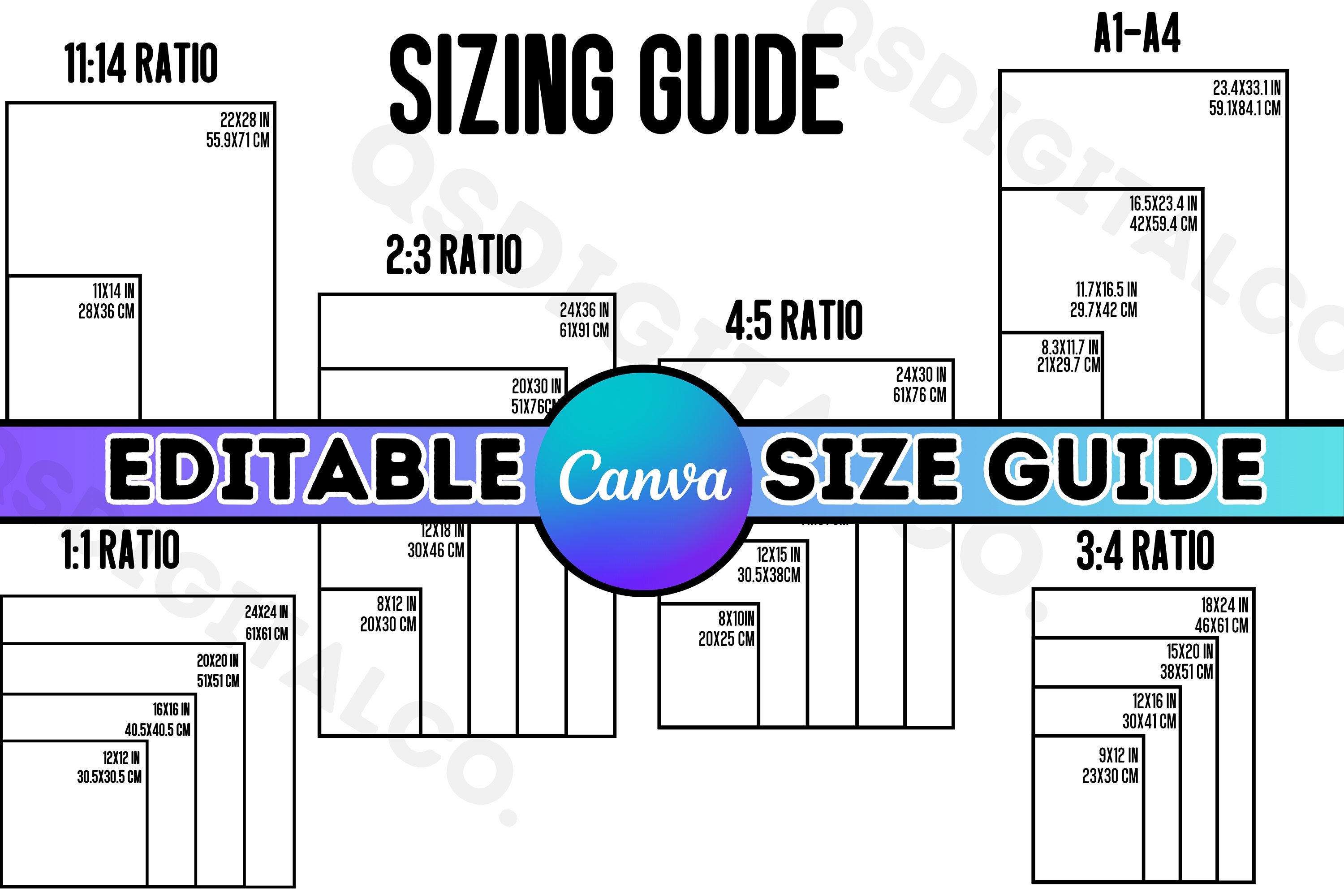 Editable Wall Art Size Guide, Print Size Guide, Wall Art Ratio Guide ...