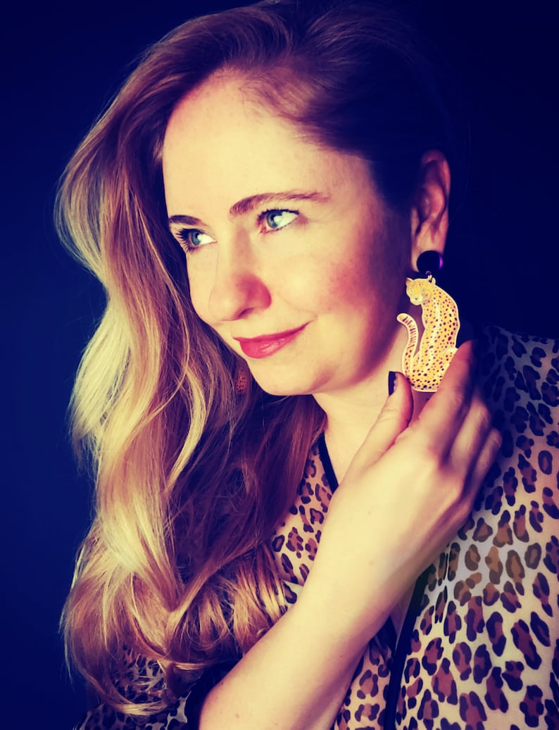 CHEETAH BONITA ++ Gold Statement Acrylic Earrings Oldschool Style ...