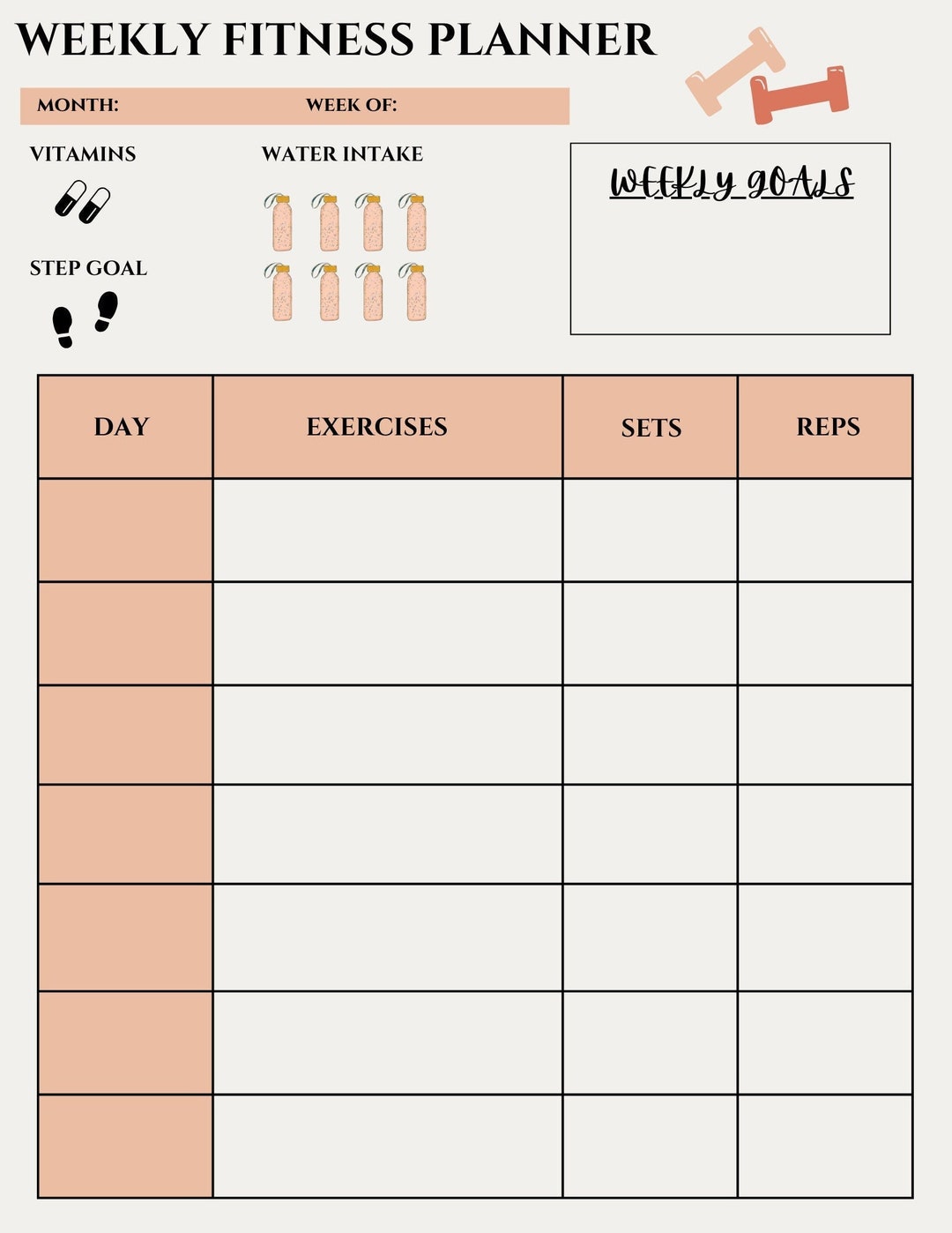 Weekly Fitness Planner, Instant Download, Printable Fitness Planner ...