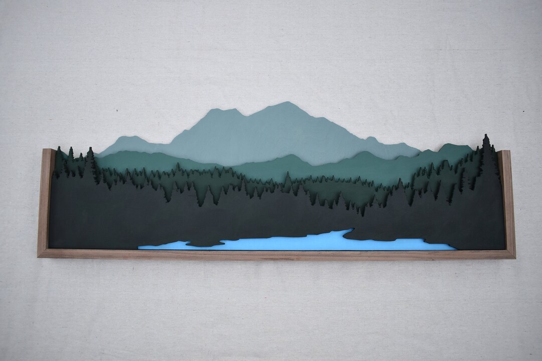 Layered Mountain Scene Wooden Wall Art Pine Trees CNC Cut Green Tones ...