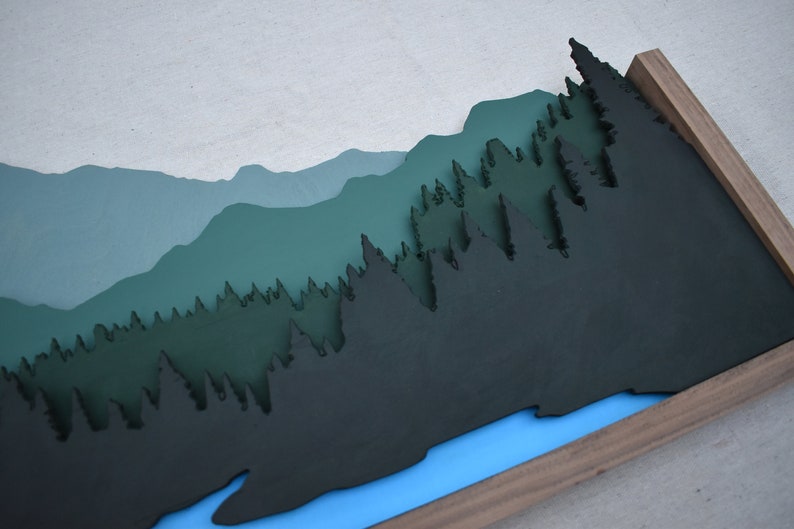 Layered Mountain Scene Wooden Wall Art Pine Trees CNC Cut Green Tones ...