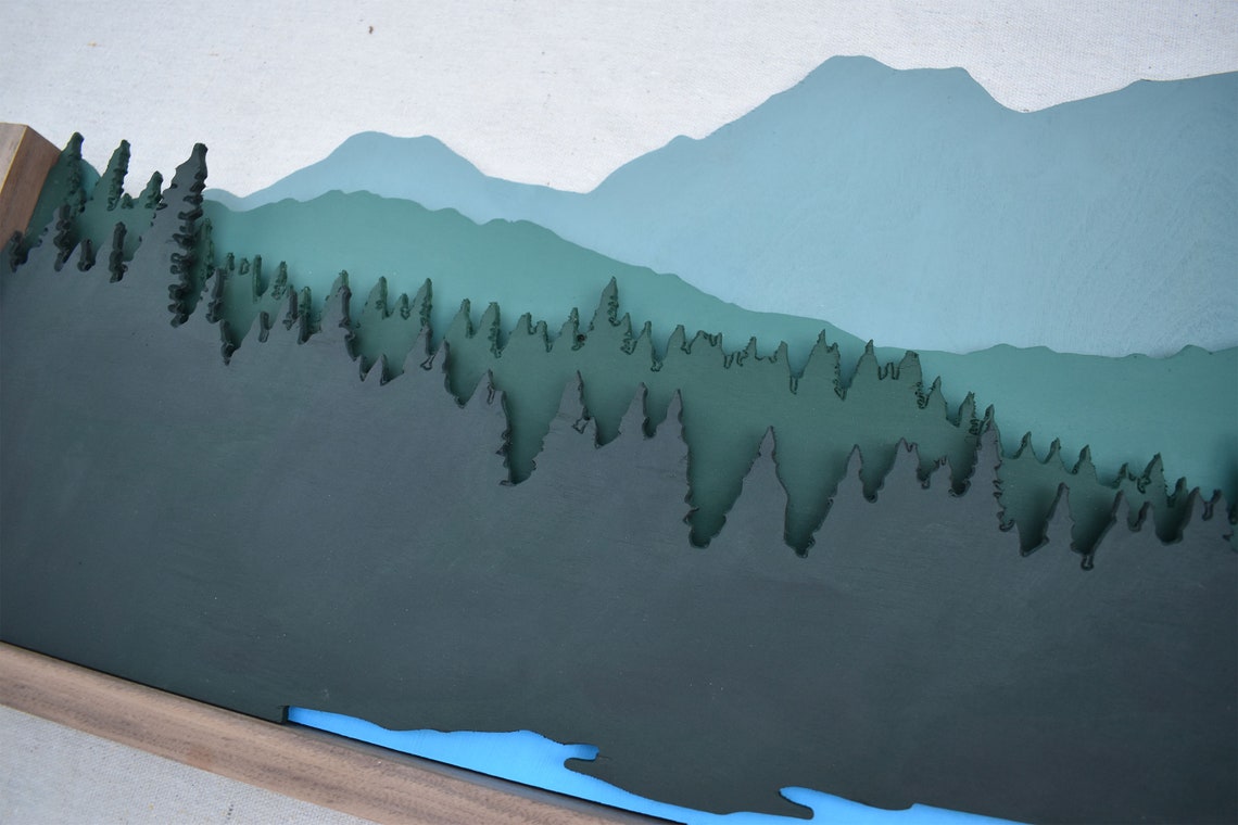 Layered Mountain Scene Wooden Wall Art Pine Trees CNC Cut Green Tones ...