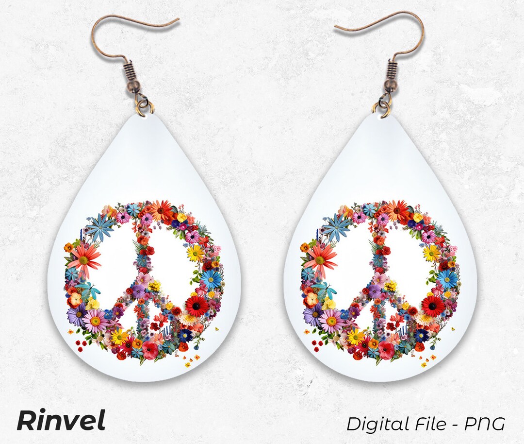 Peace Sign Flowers Earrings, Digital Download PNG, Floral Sublimation ...