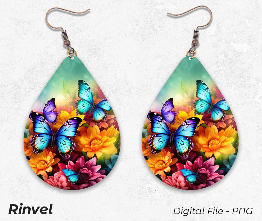 Colorful Butterflies PNG, Flowers Butterfly Earrings, Digital Download ...