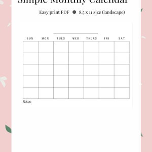 Simple Monthly Calendar - Etsy