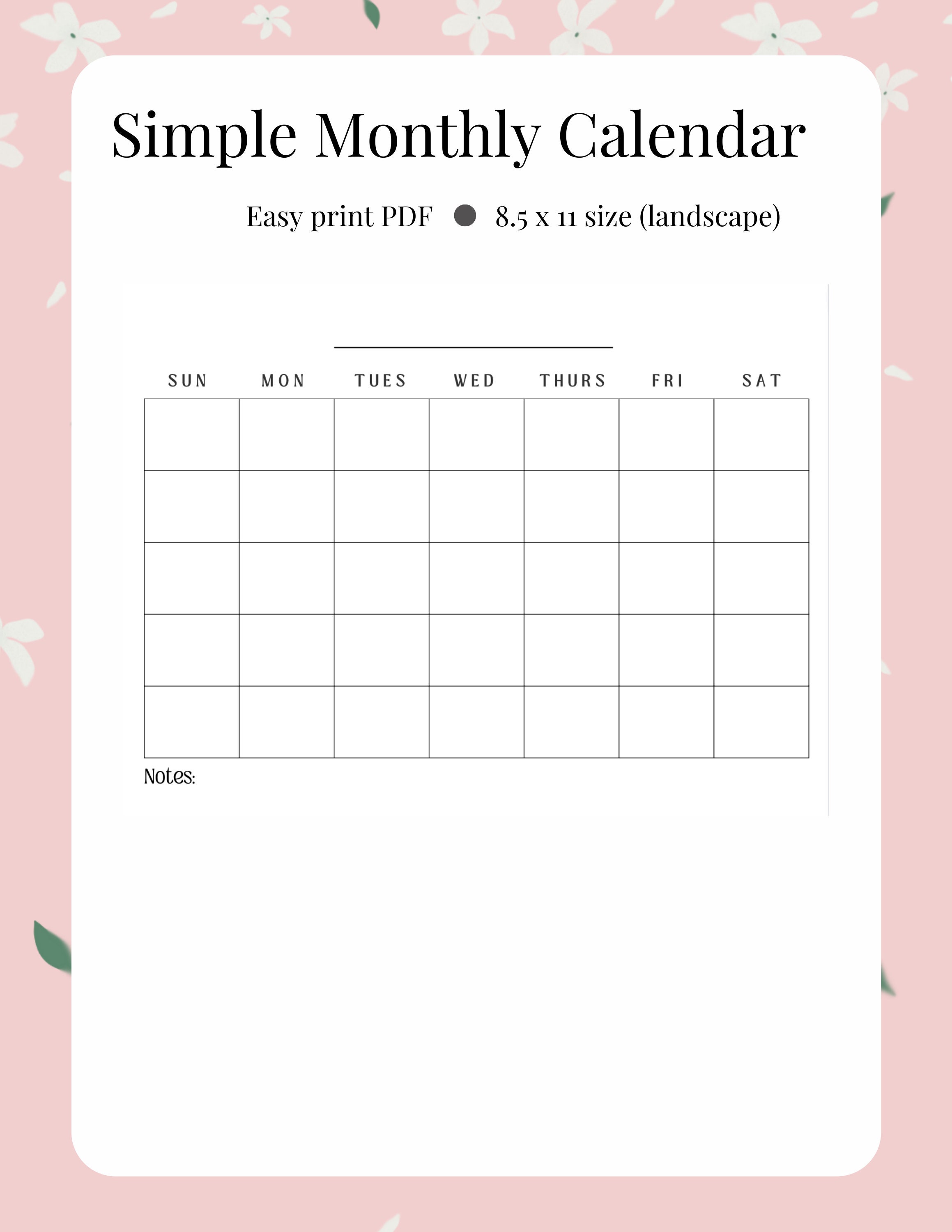 Simple Monthly Calendar - Etsy