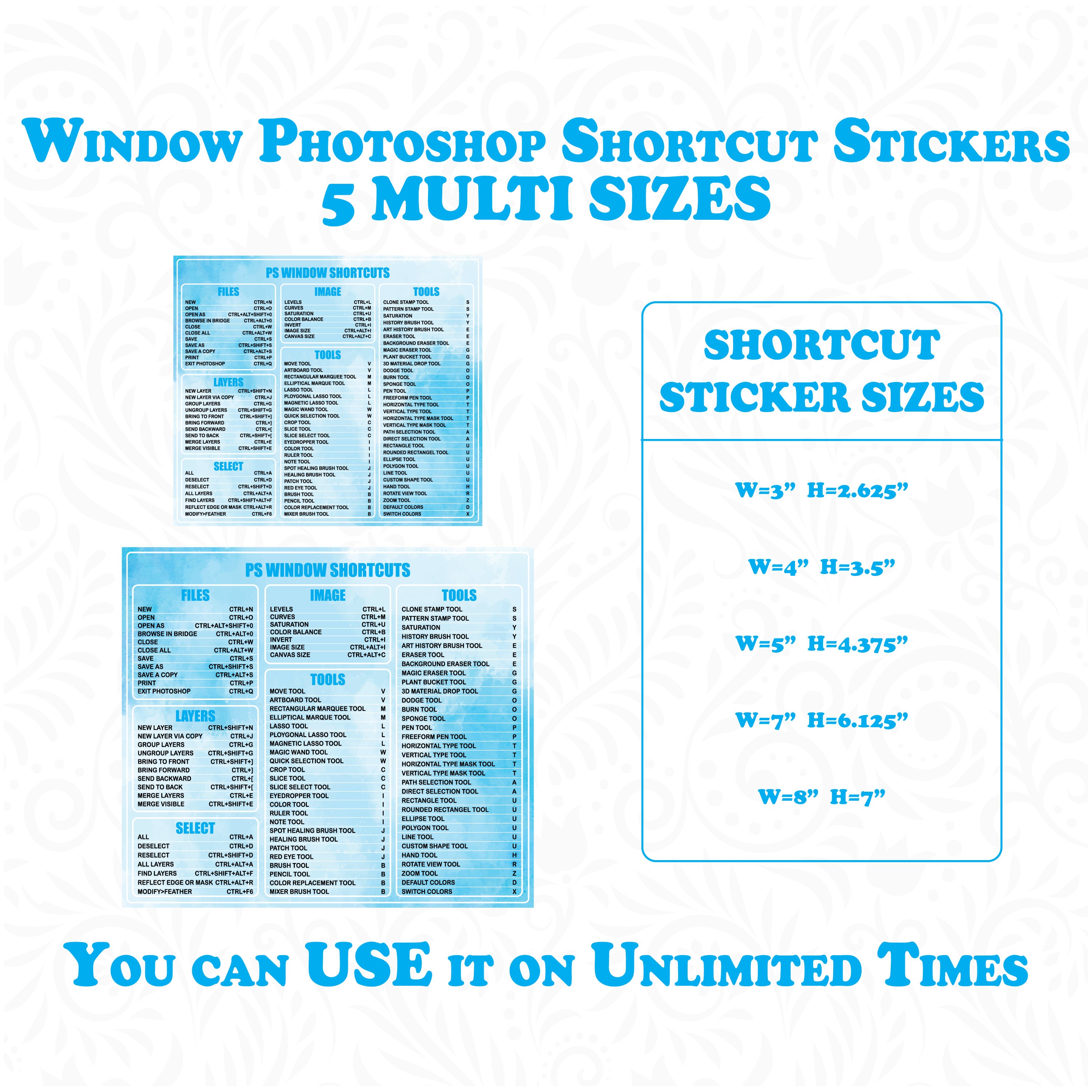 Adobe Photoshop Shortcut Window Shortcut Stickers, Pack of 5 Sizes ...