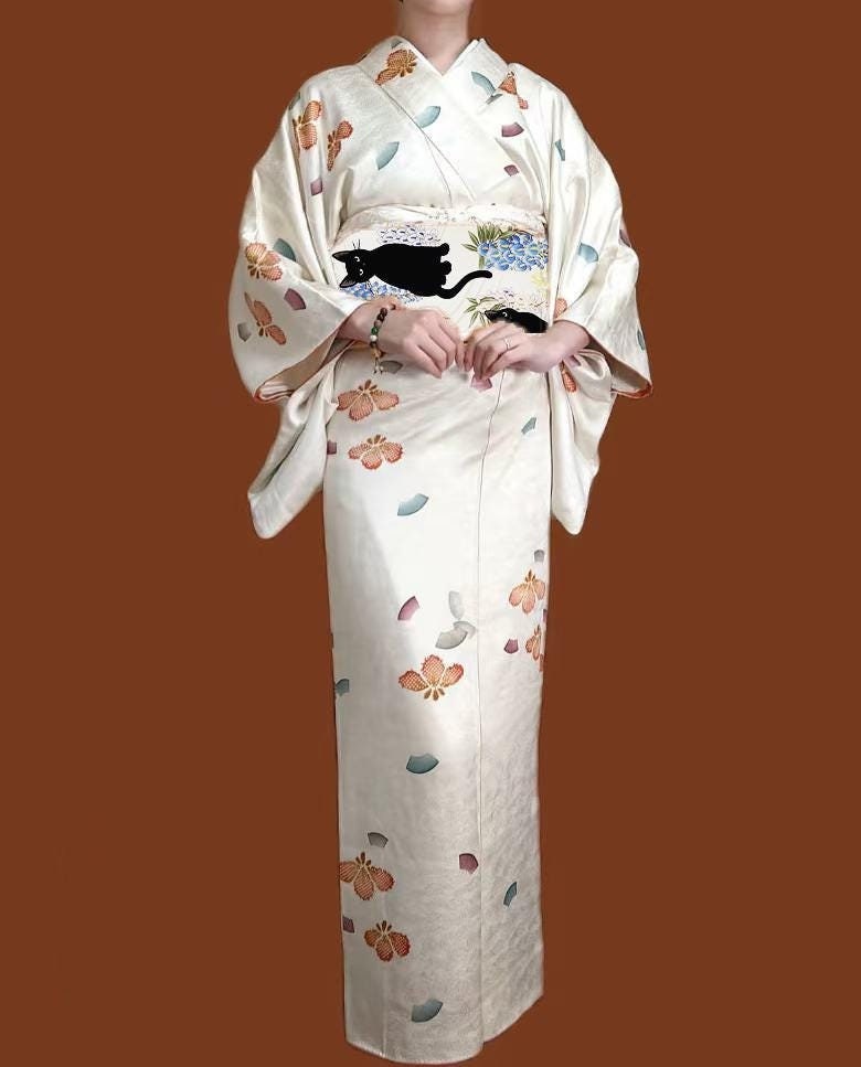 Wisteria Flower & Black Cat Hanhaba Belt, Half-width Obi for Yukata ...