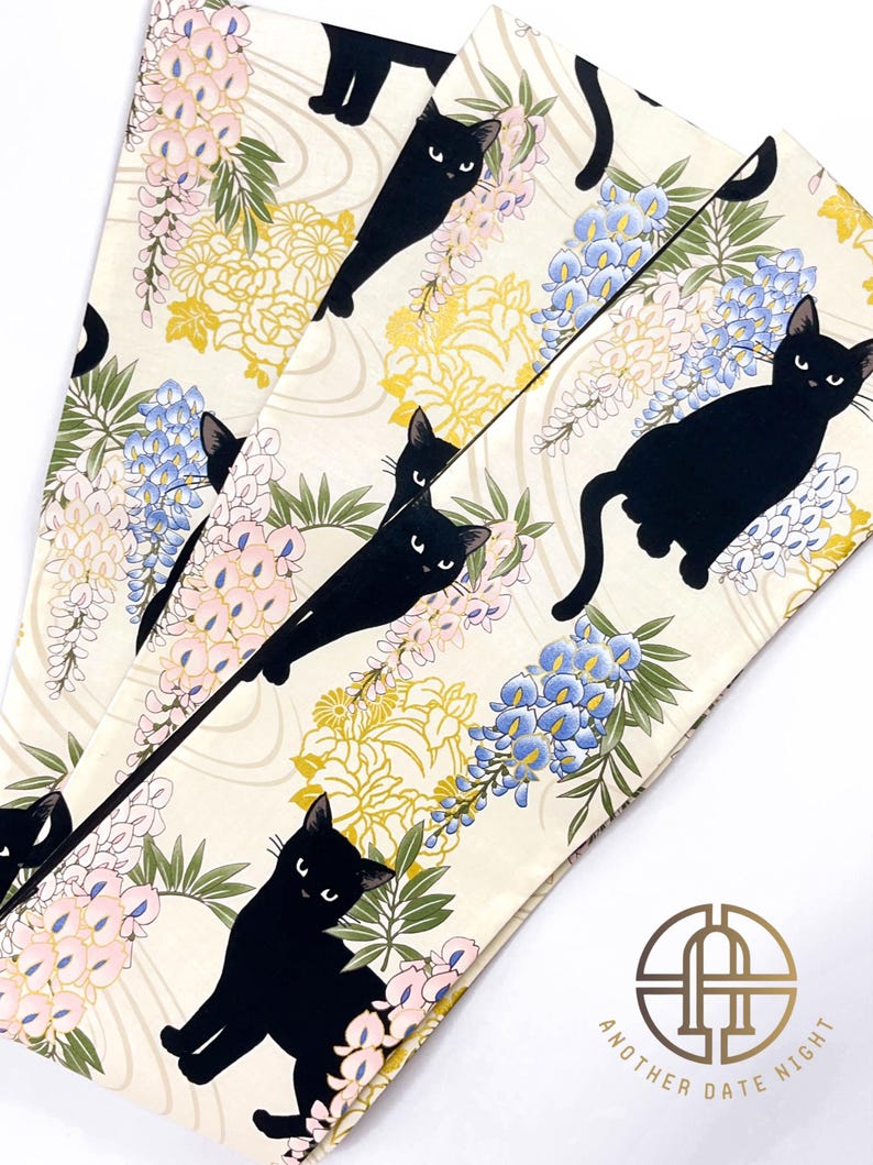 Wisteria Flower & Black Cat Hanhaba Belt, Half-width Obi for Yukata ...