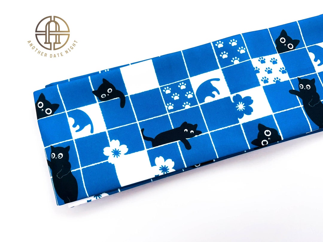 Blue Checkered Cat Hanhaba Belt, Half-width Obi for Yukata/komon Kimono ...